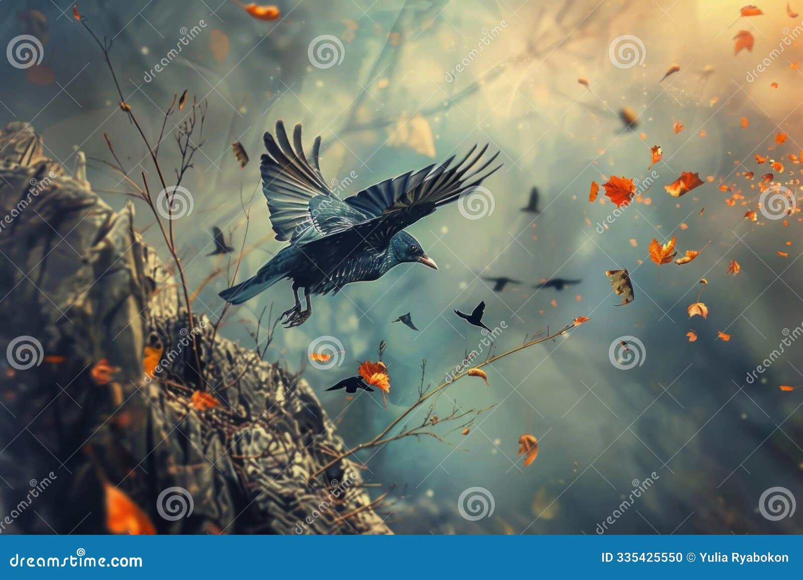 Black Crow Flying Over Autumn Forest with Falling Leaves Stock Photo ...