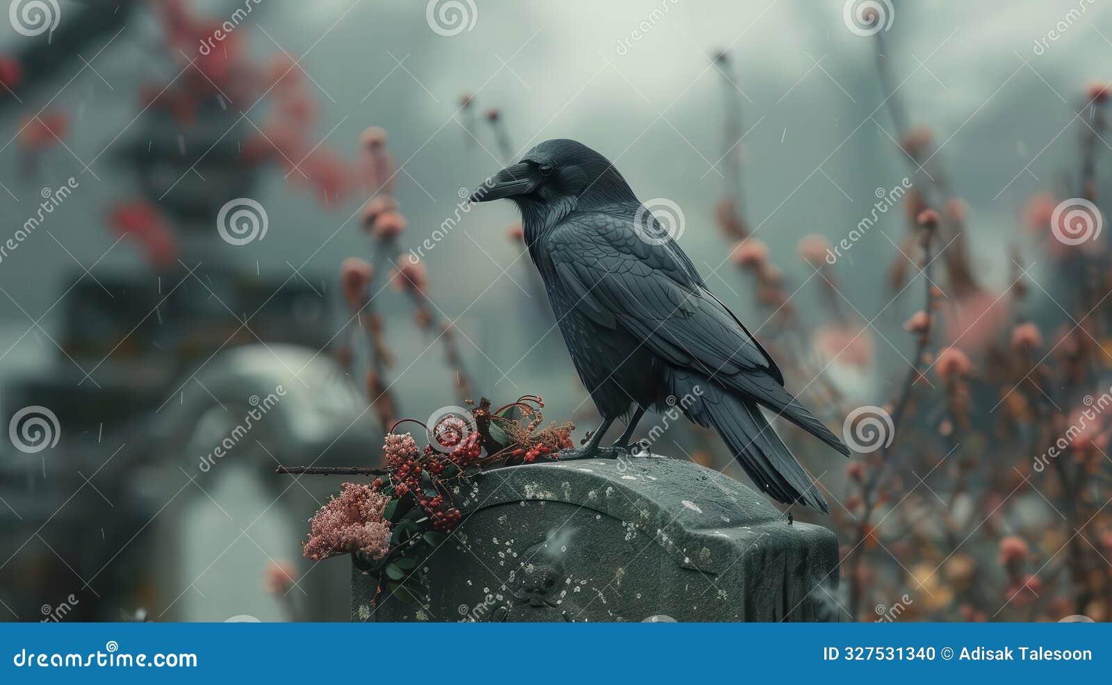 A Black Crow Perched on a Tombstone Stock Illustration - Illustration ...