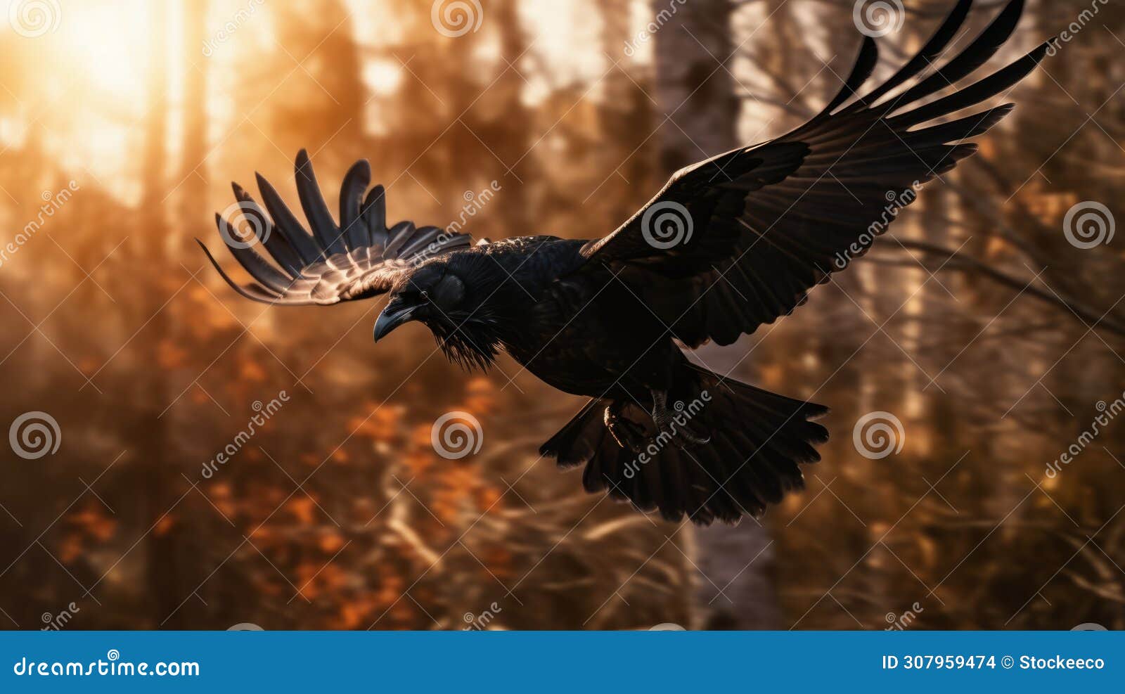 Majestic Raven Soaring through Enchanting Forest at Sunrise Stock ...