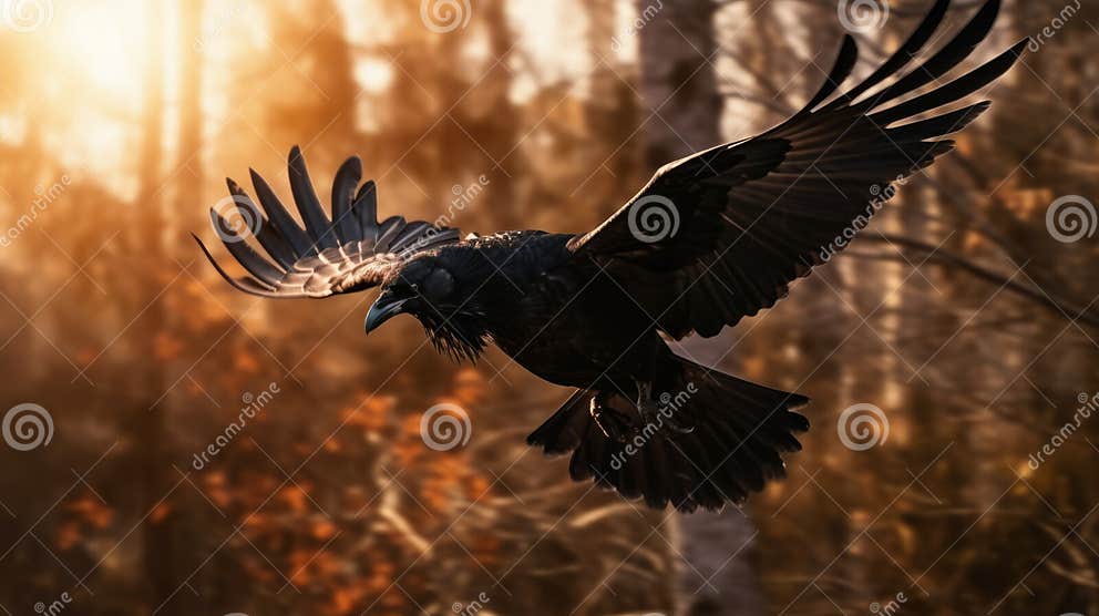 Majestic Raven Soaring through Enchanting Forest at Sunrise Stock ...