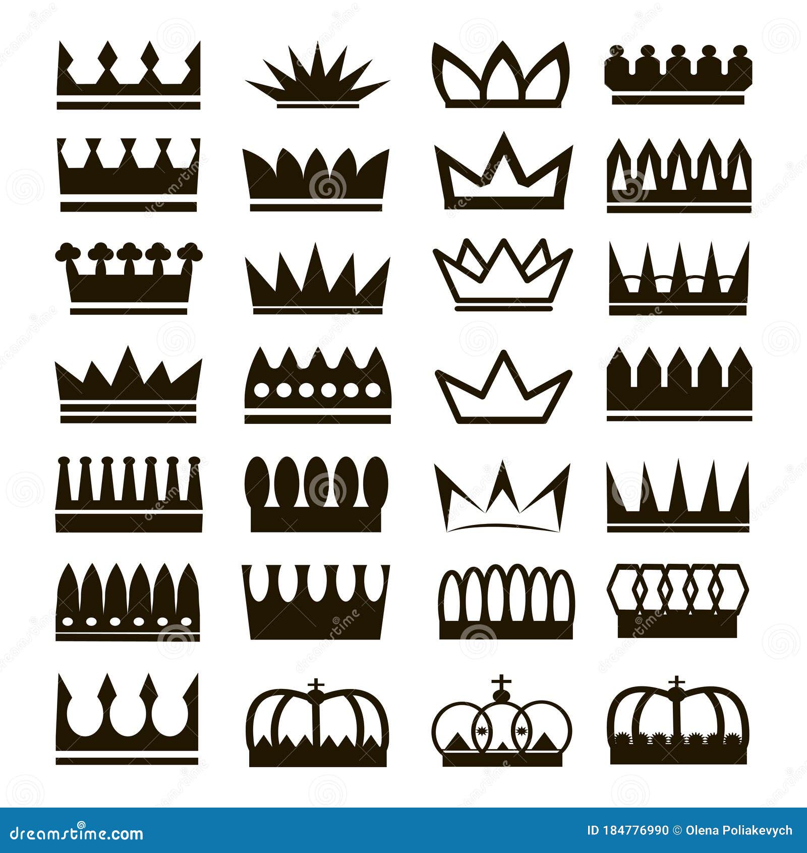 Black Crowns of Various Types in Large Numbers Stock Illustration ...
