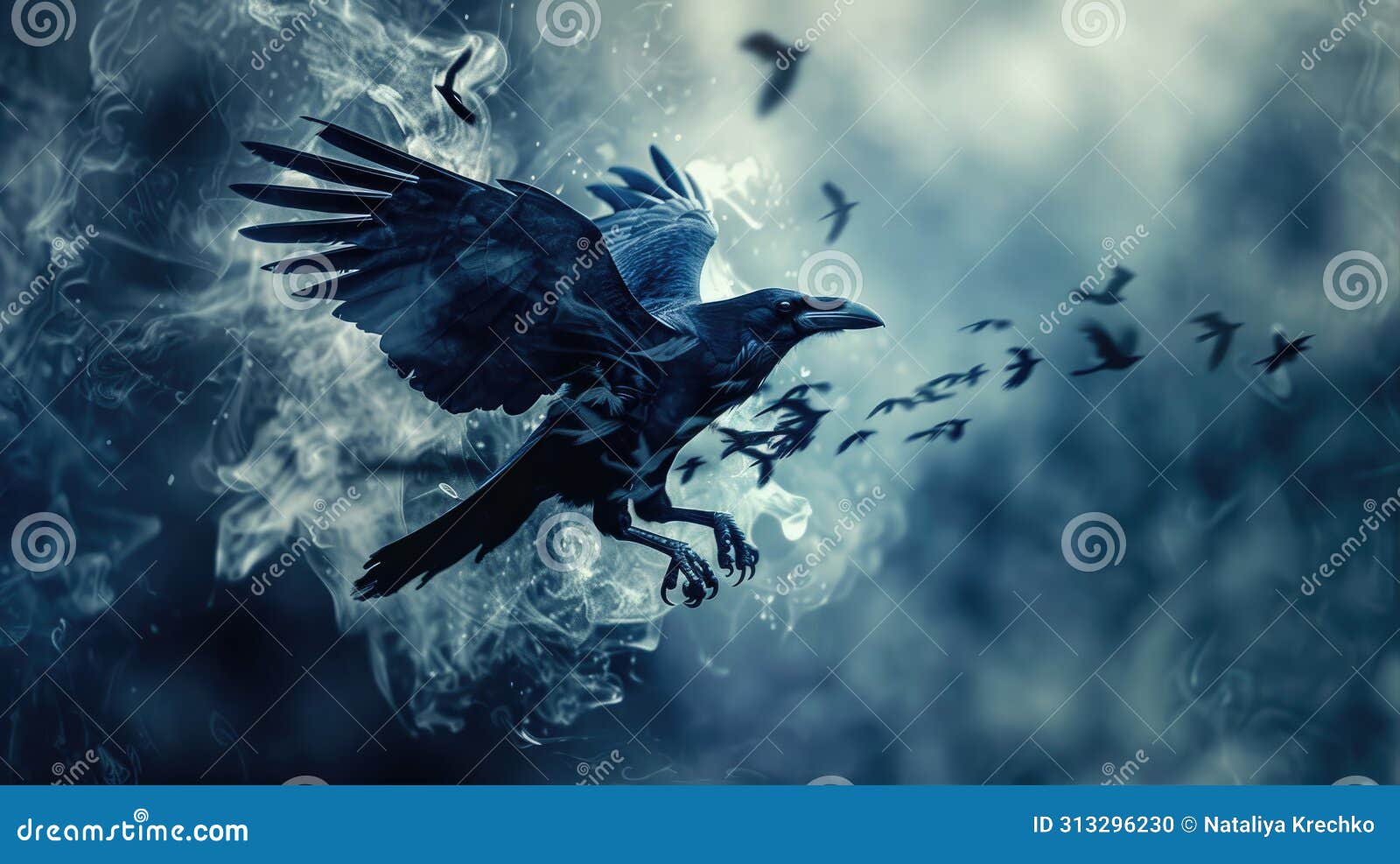 Black Crows in Misty Forest. Fantasy World Stock Photo - Image of black ...
