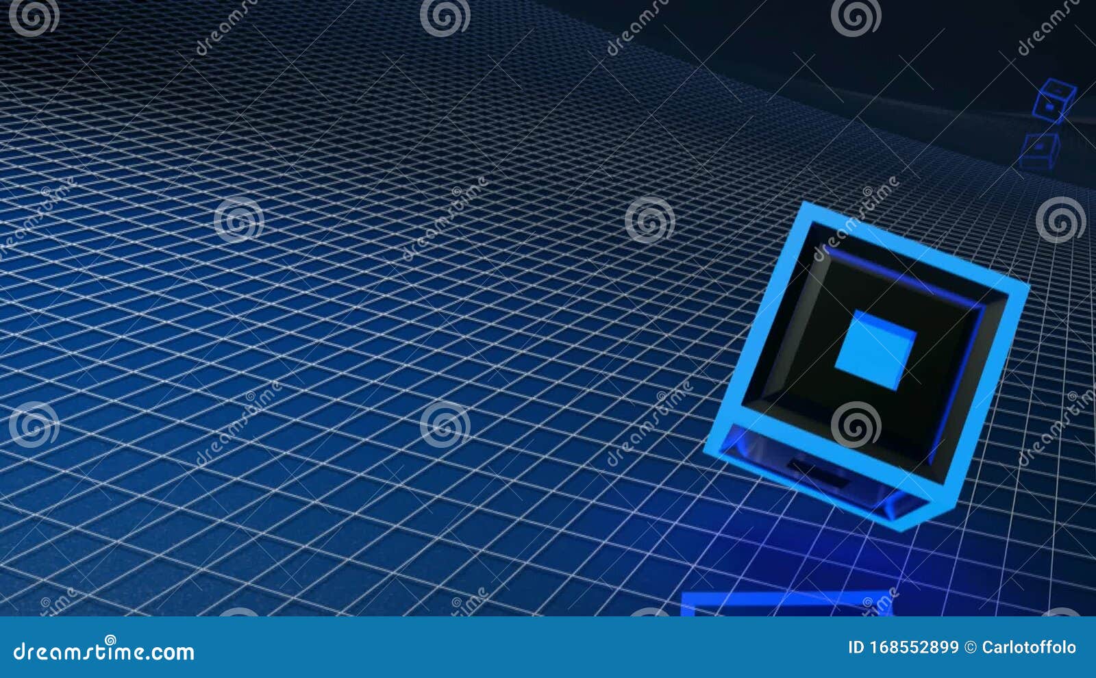 Black Cube with Blue Lighted Structure Turning Over a Blue Surface with ...
