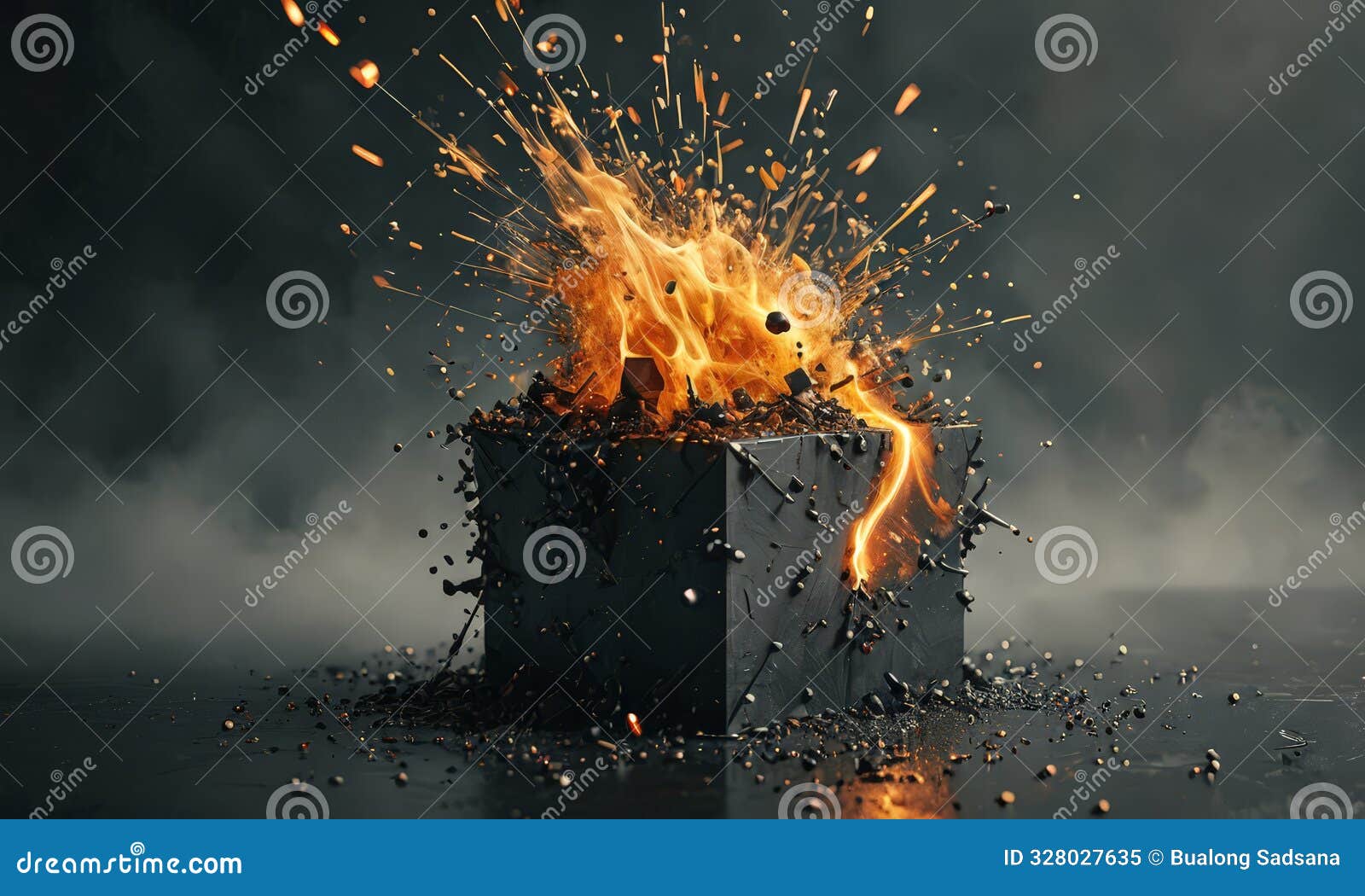 Black Cube Bursts into Flames, with Orange Sparks and Bright Orange ...