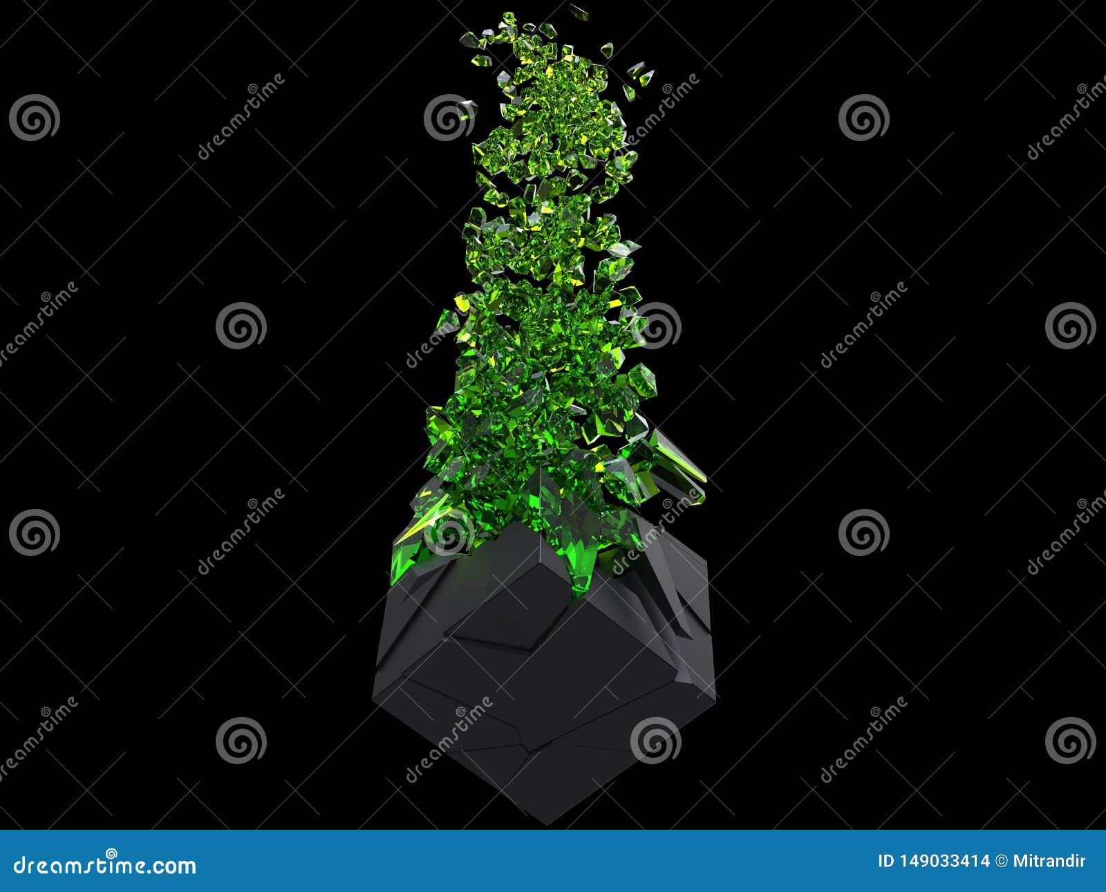 Black Cube Exploding into Thousand Green Crystal Pieces Stock ...