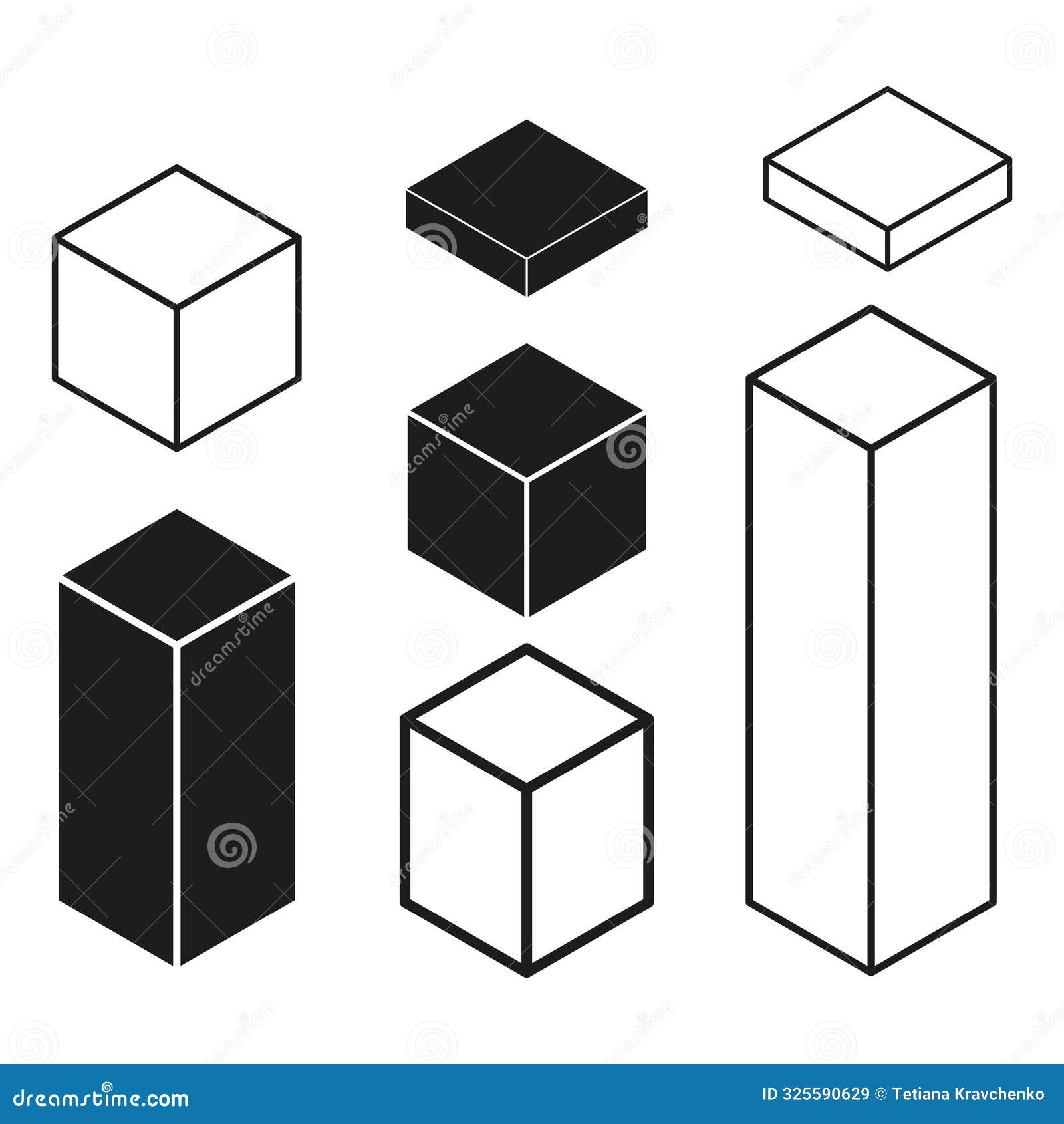 Black Cube Icons. Different Perspectives View. Geometric Shape Outlines ...