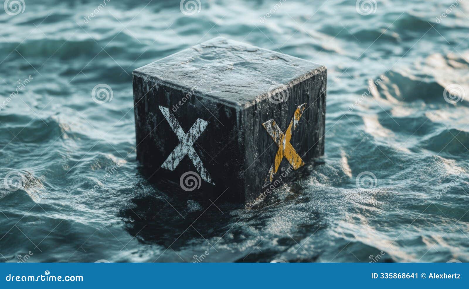 Black Cube with X Mark Floating in Ocean Stock Image - Image of ...