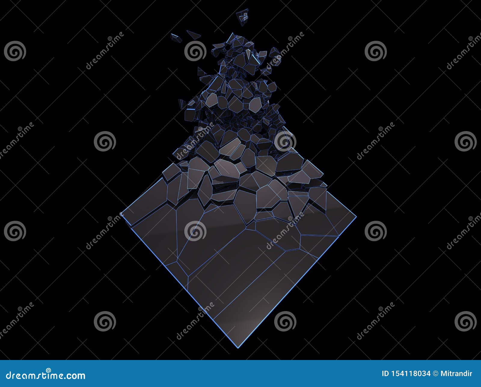 Black Cube Shape with Blue Glow Outlines Breaking into Hundreds of ...