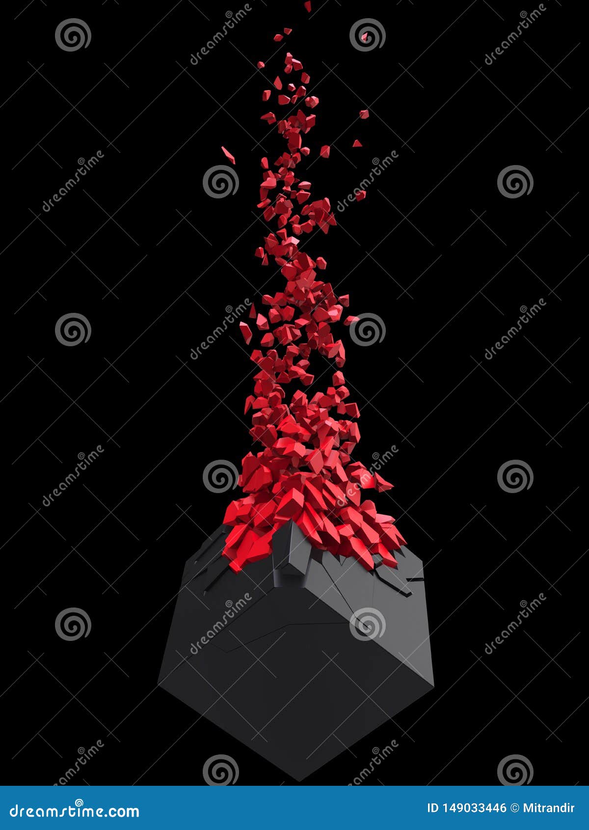 Black Cube Shattering into Million Red Small Pieces Stock Illustration ...