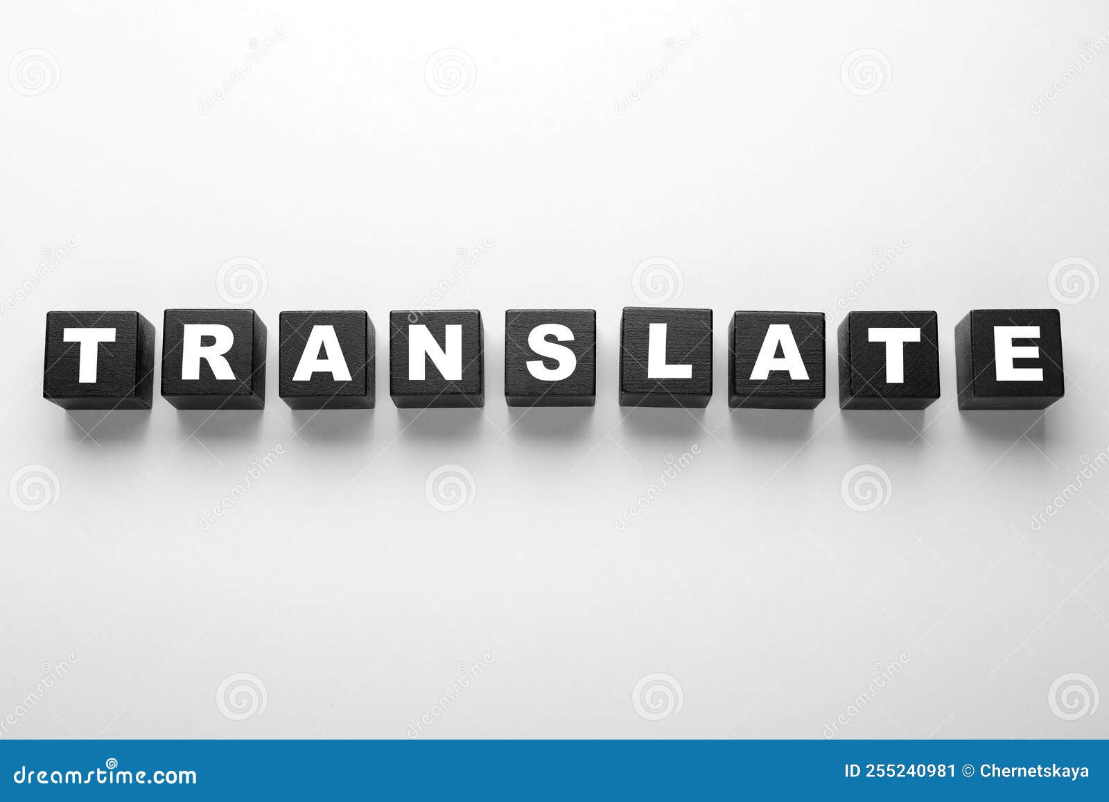 Black Cubes with Word Translate on White Background, Top View Stock ...
