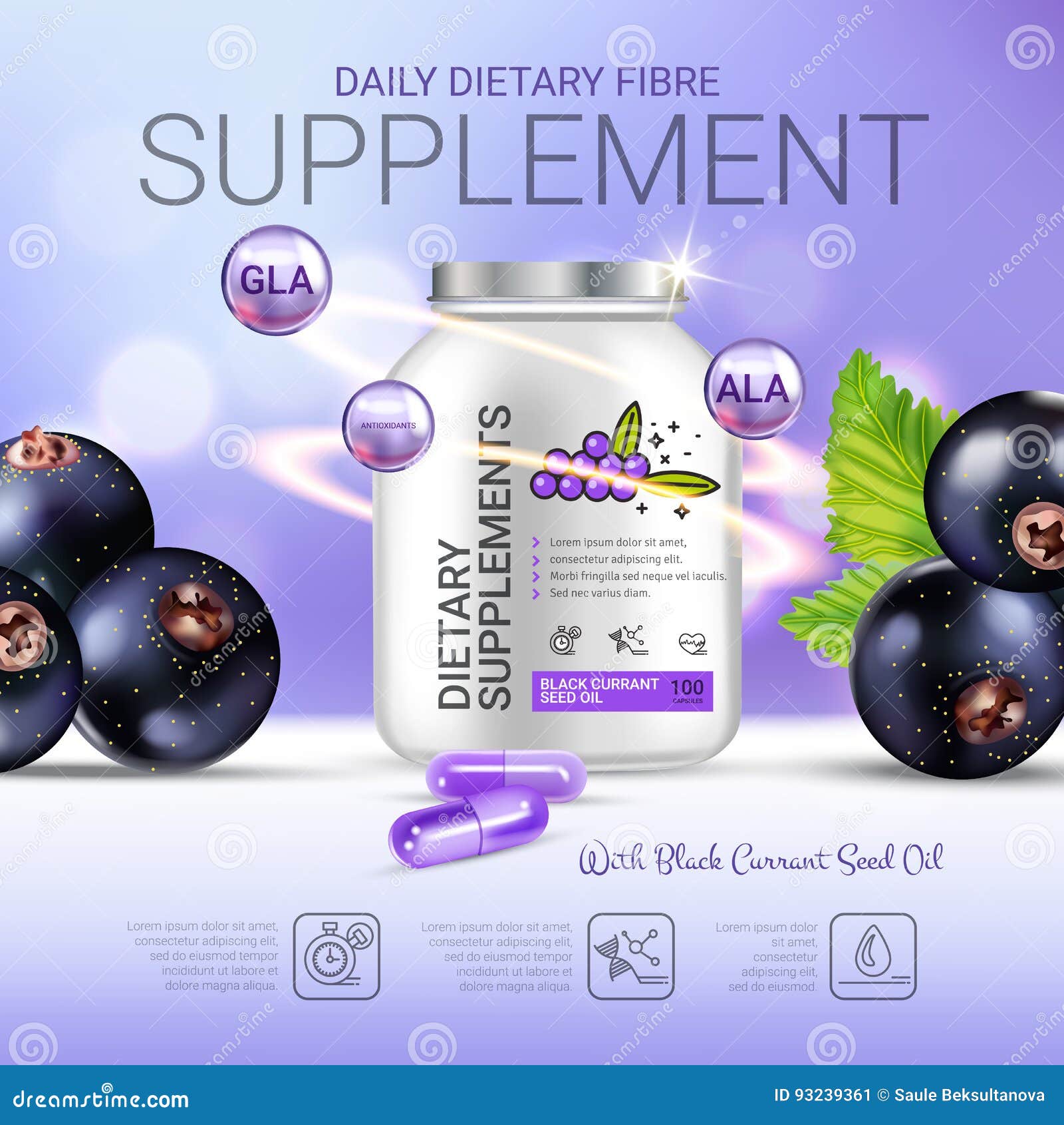 Black Currant Dietary Supplement Ads. Vector Illustration with Eye ...