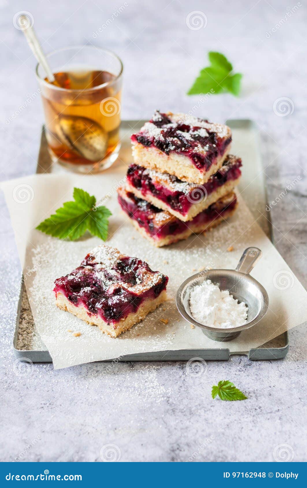 Black Currant Slice with a Glass of Tea Stock Photo - Image of biscuit ...