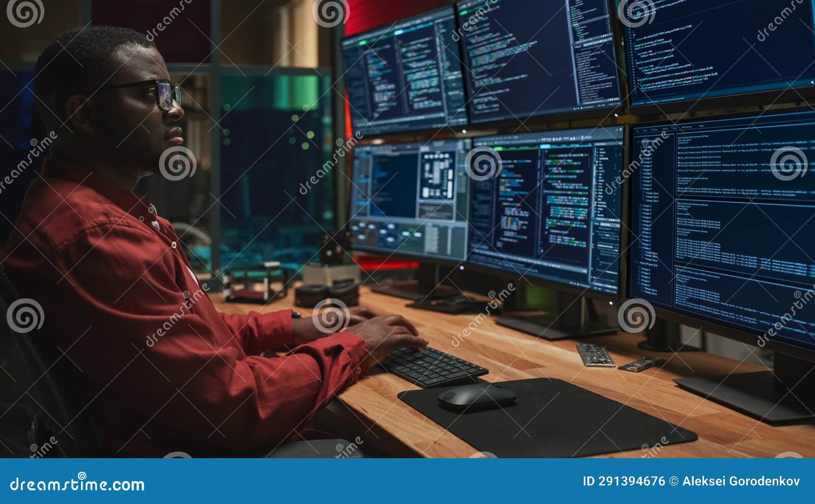 Black Cyber Security Specialist Coding on Desktop Computer with Six ...