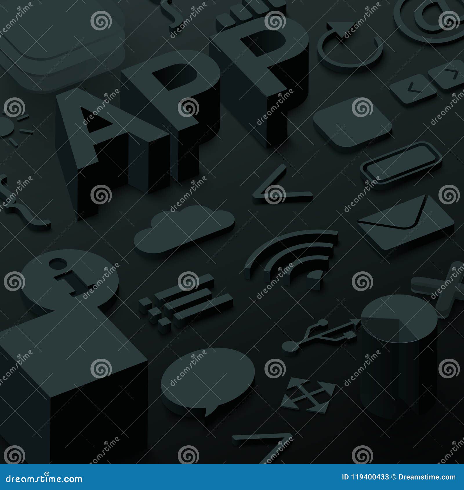 Black 3d App Background with Web Symbols. Stock Vector - Illustration ...