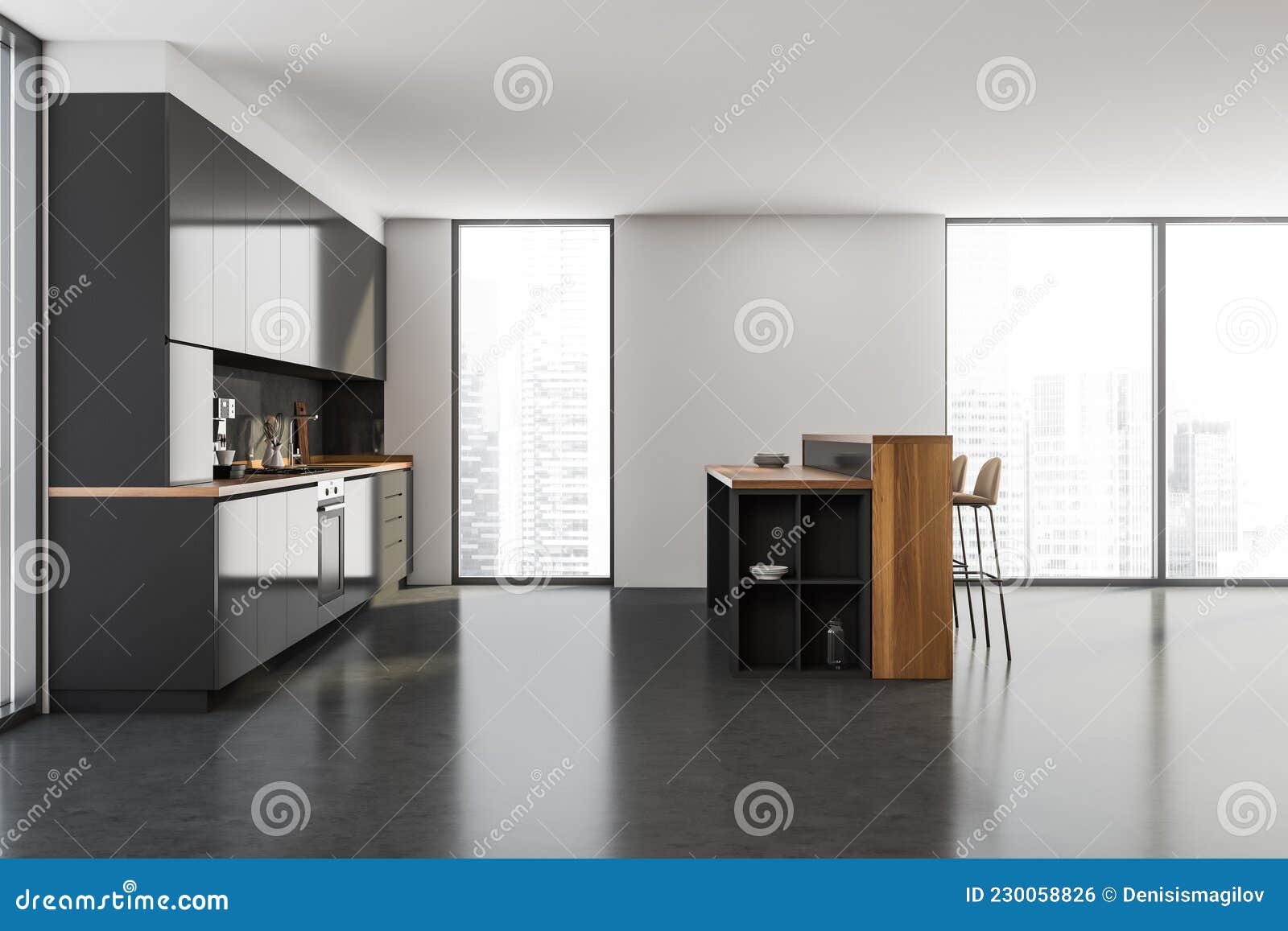 Black Dark Kitchen Room Interior with Panoramic Window Stock ...