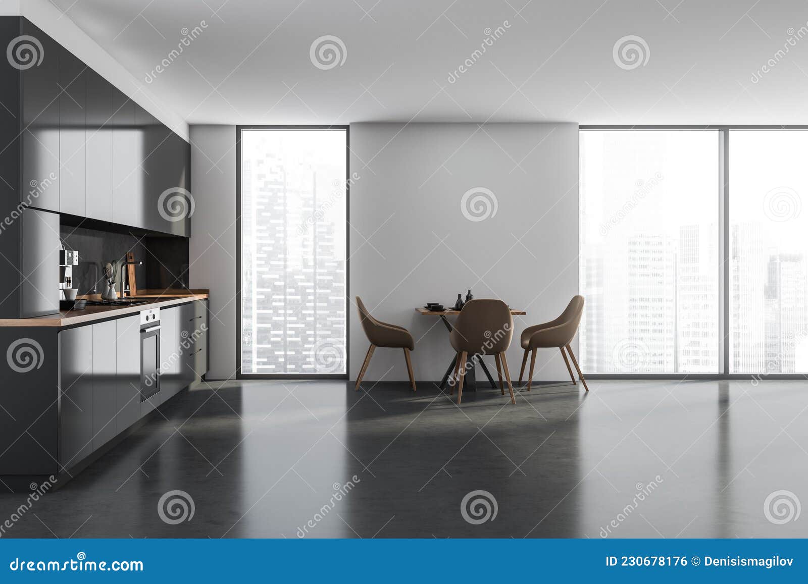 Black Dark Kitchen Room Interior with Panoramic Window, Dining Table ...
