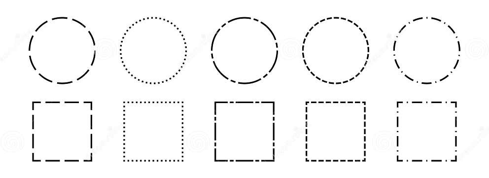 Black Dashed Frame Collection. Dashed Outline Circle and Square Border ...