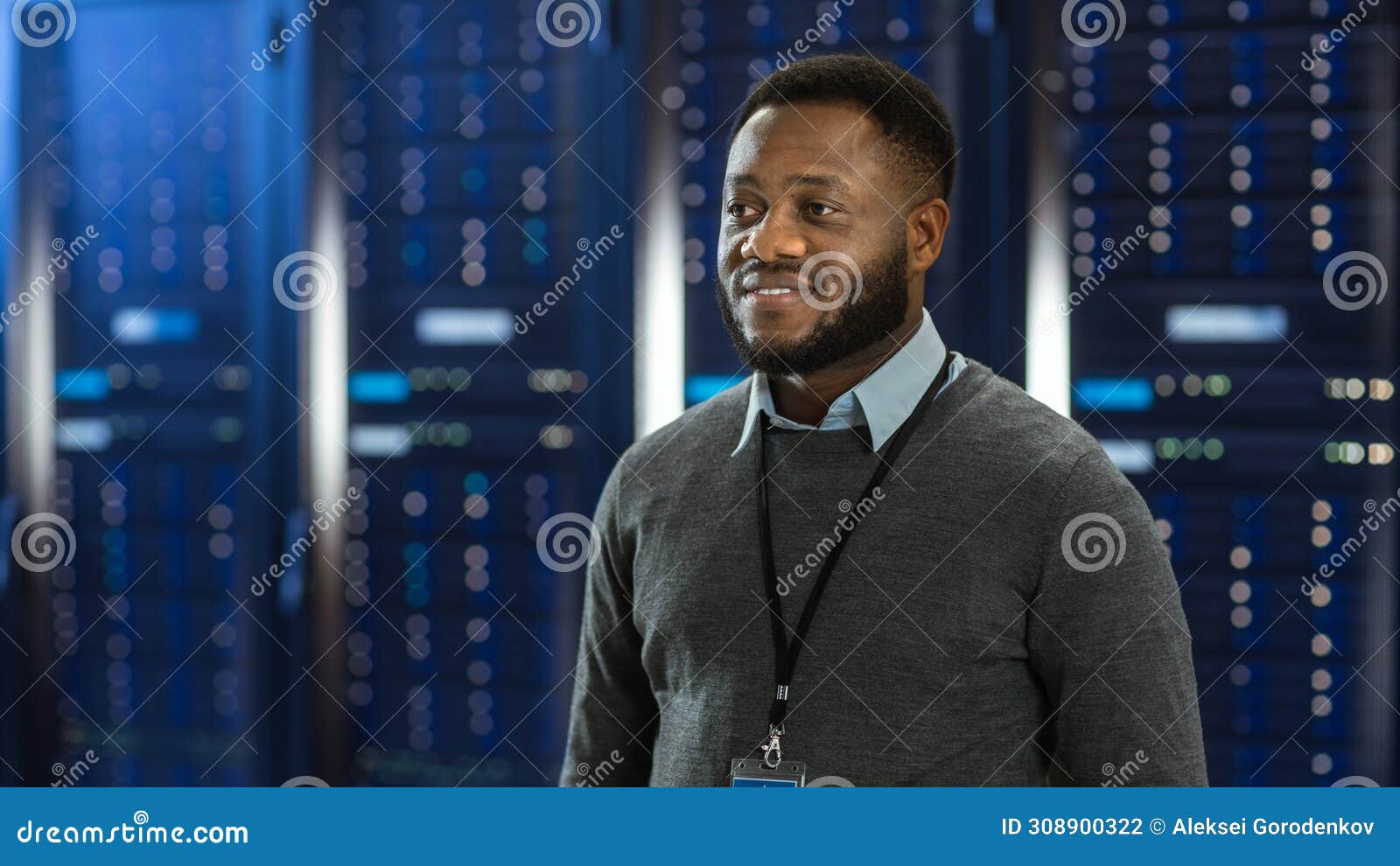 Black Data Center it Technician Standing in the Middle of a Server Rack ...