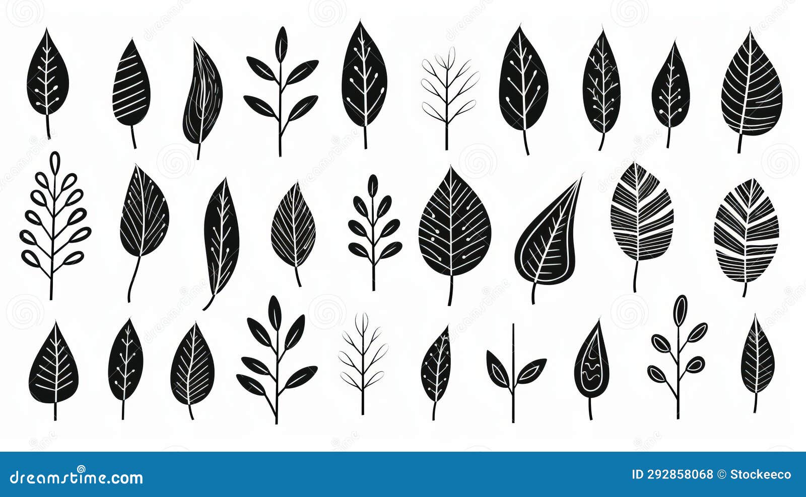Hand Drawn Black and White Leaf Vector Set Stock Illustration ...