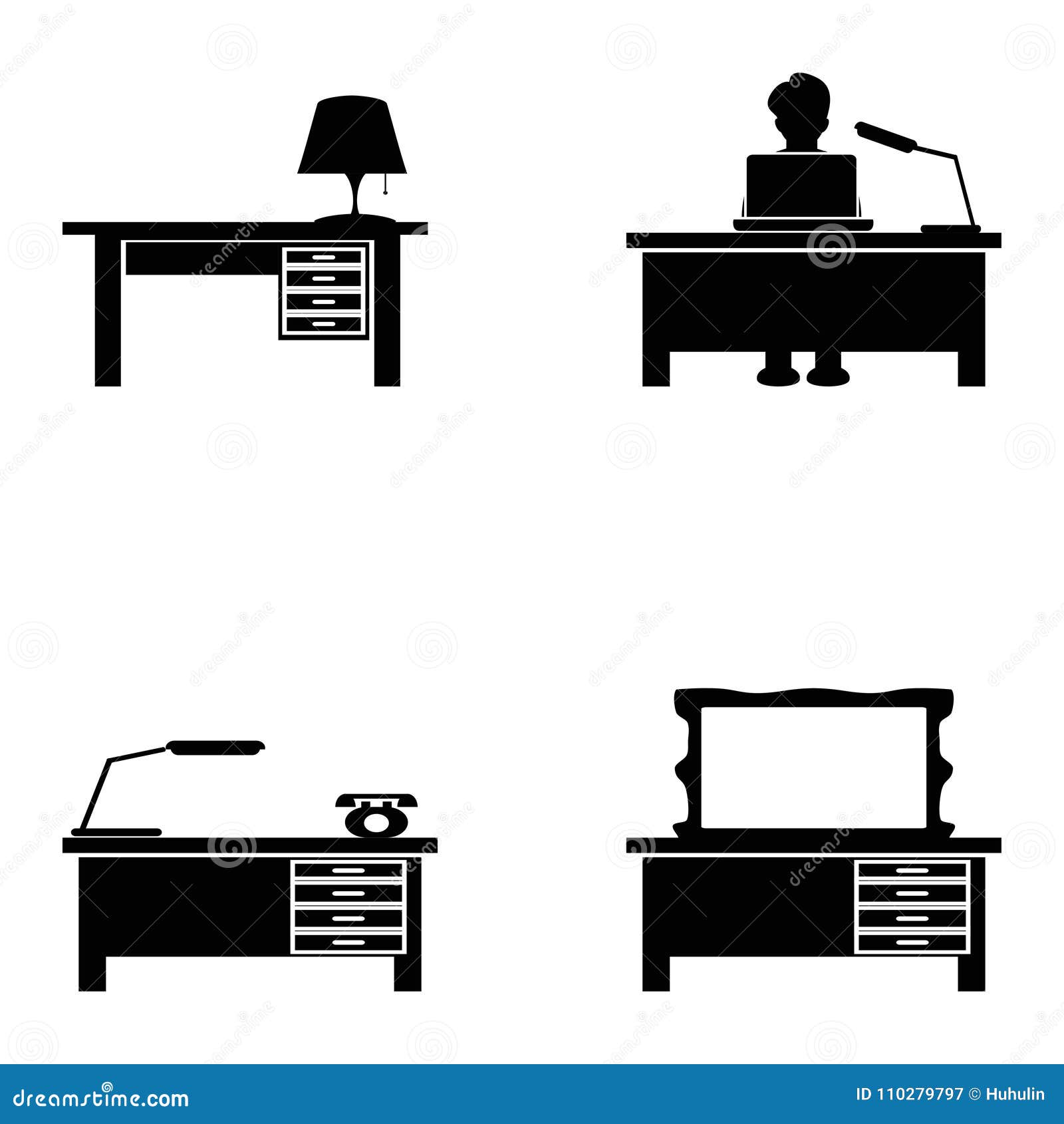 Black desk icons set stock vector. Illustration of desk - 110279797