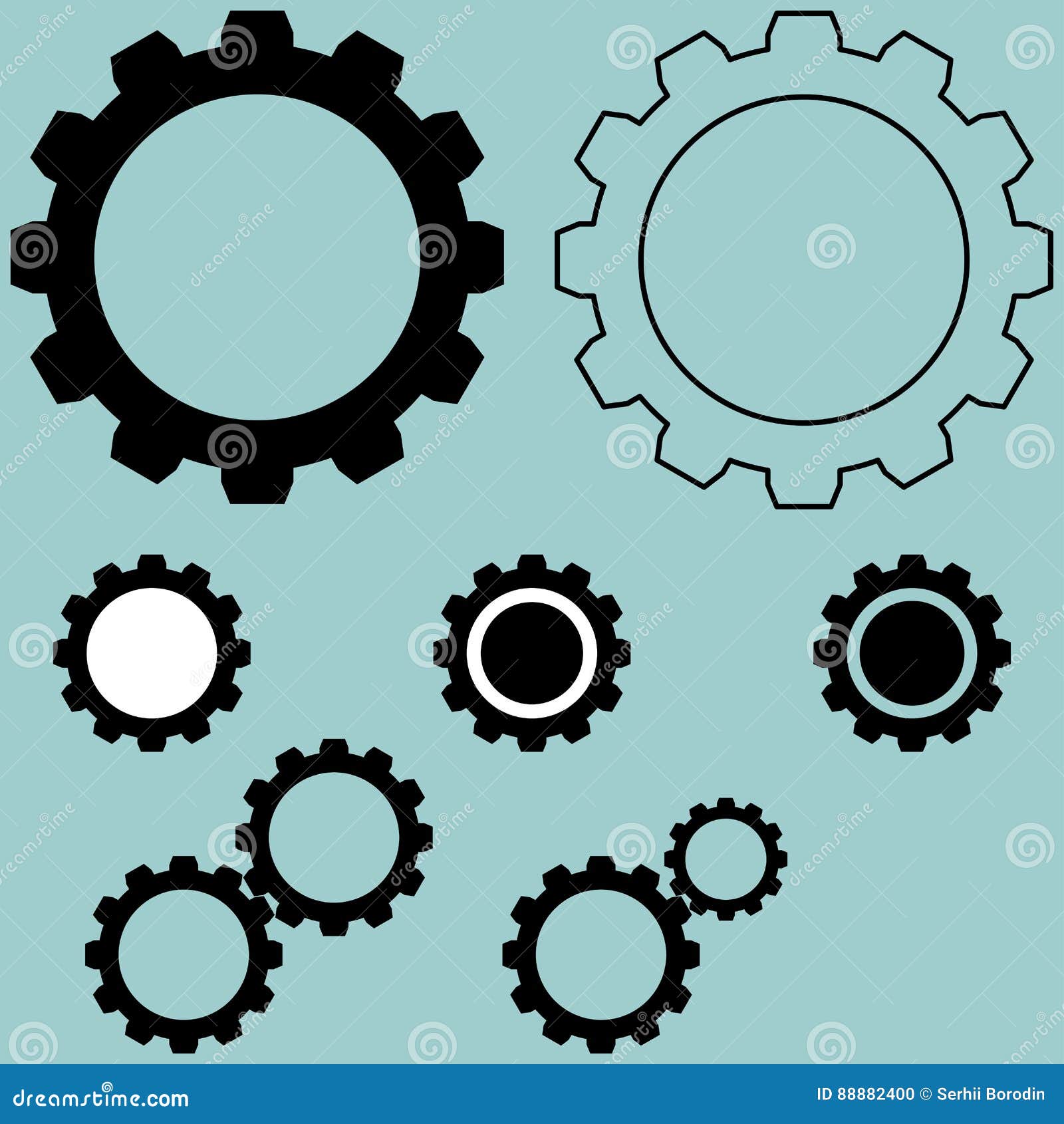 Simple Gear Icons. Wheels Set On Black Background. Vector White ...