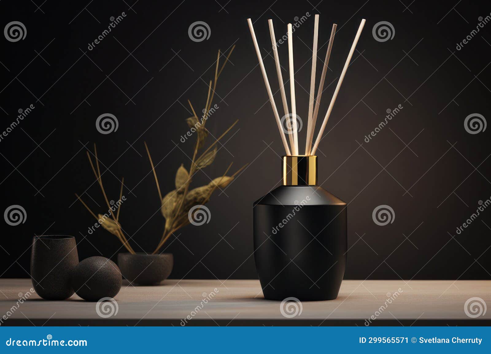 Black Diffuser with Reed Sticks in Modern Dark Interior. Fragrance with ...