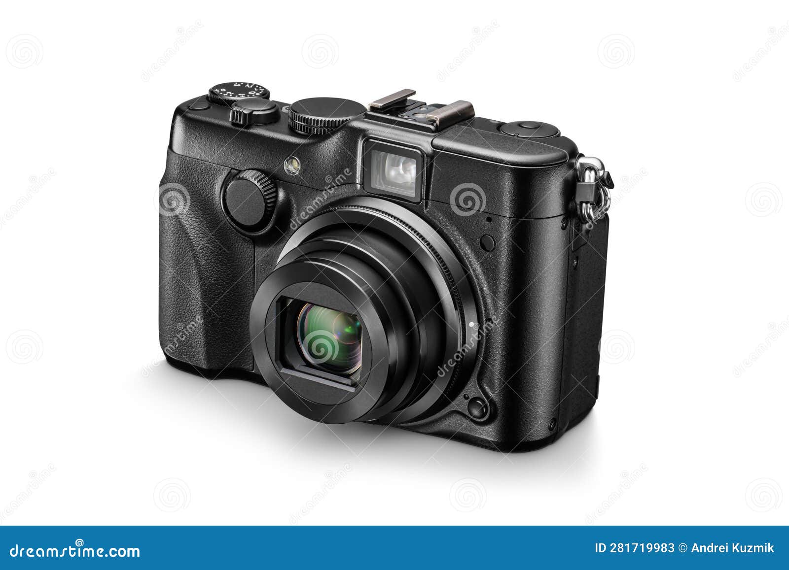 Black Digital Compact Photo Camera with Open Lens. Front View, Isolated ...