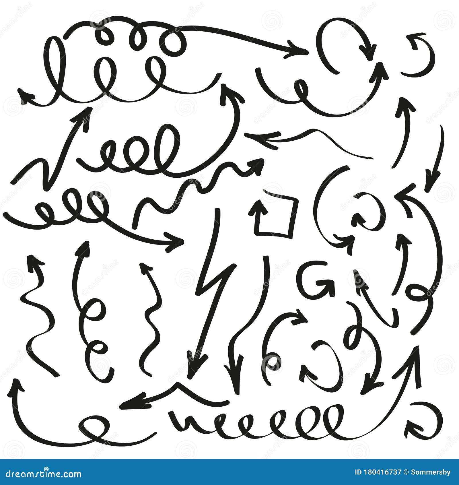 Black Doodle Arrows Collection on White Background. Pointer, Arrow ...