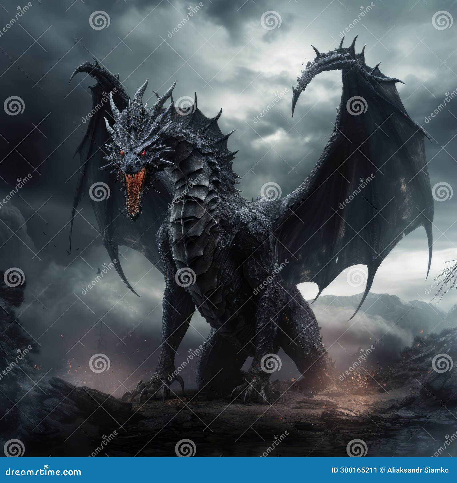A Black Dragon with Wings and Sharp Teeth Stock Image - Image of ...