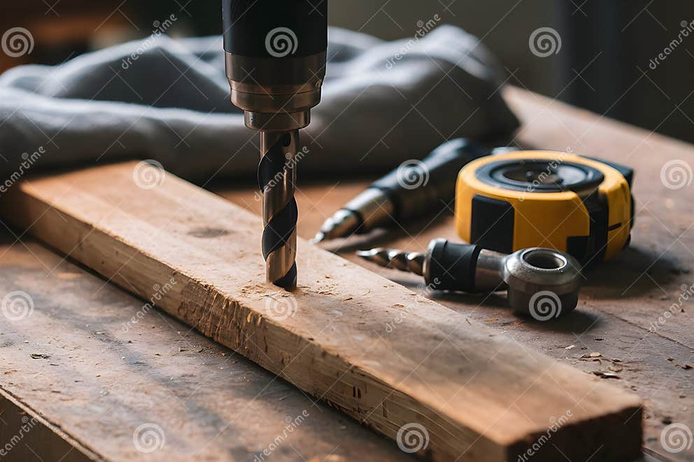 Black Drill Bit on Workbench, Yellow Measuring Tape, Workshop Setting ...
