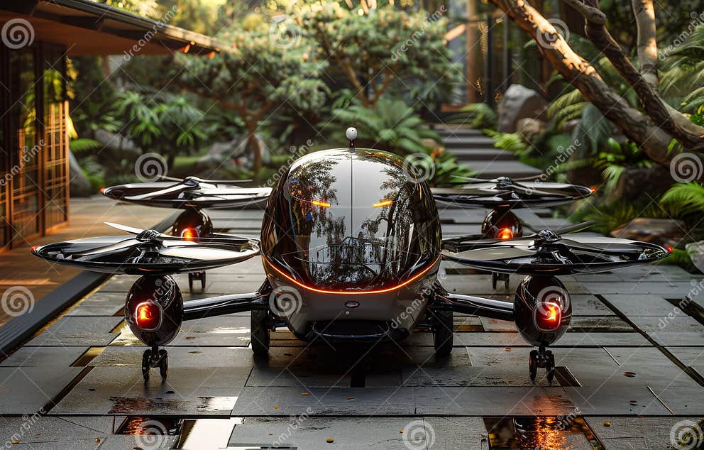 A Black Drone with Two Black Propellers Sits on a Paved Surface. Stock ...