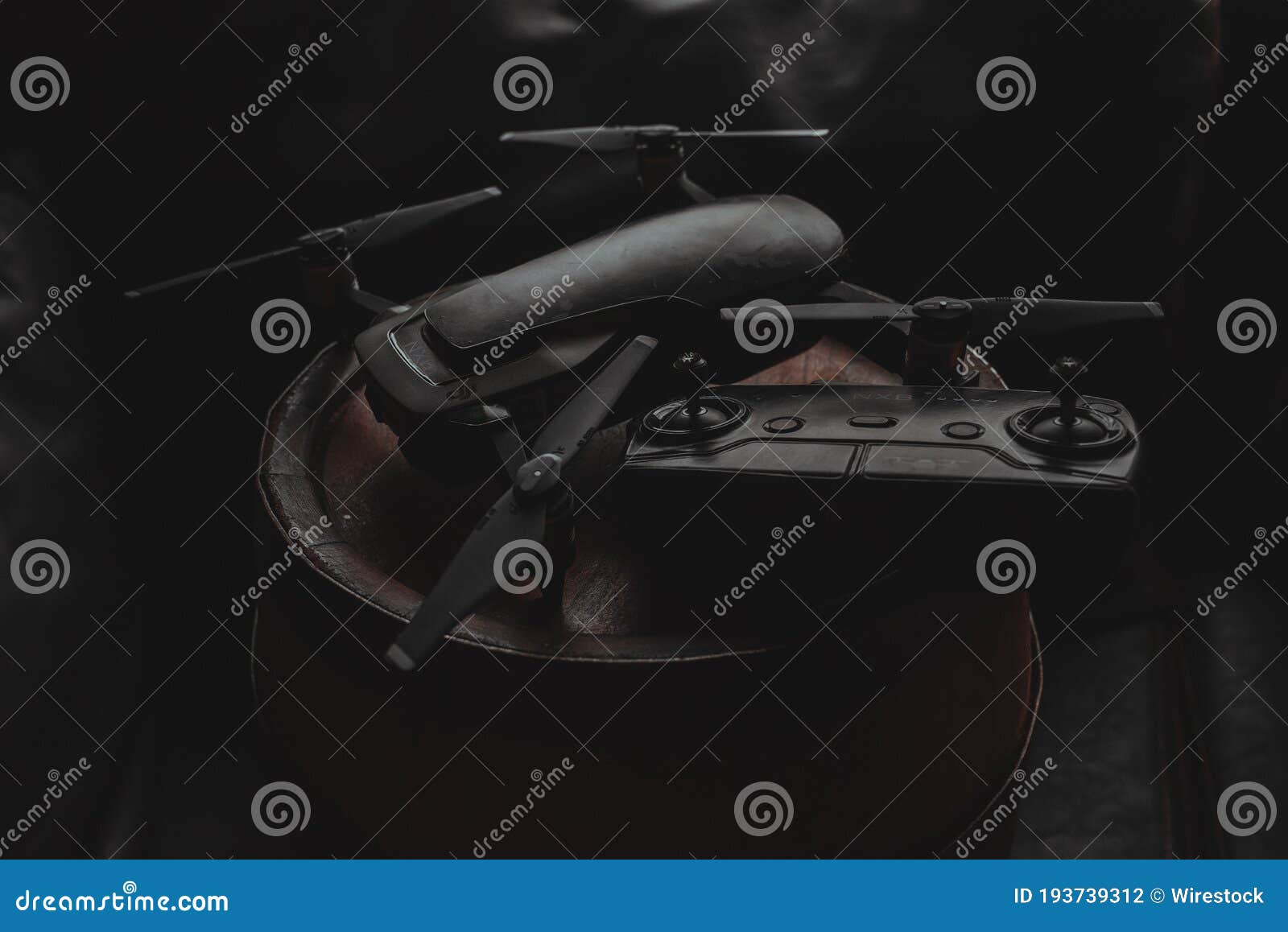 Black Drone on a Wine Barrel in the Dark Room Stock Photo - Image of ...