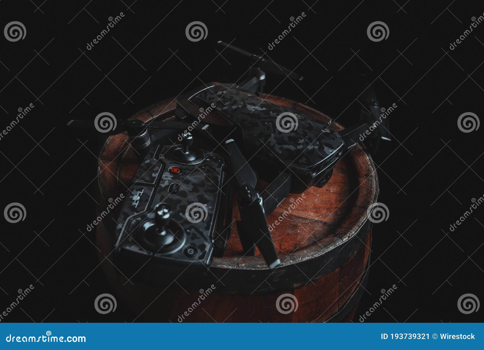 Black Drone on a Wine Barrel in the Dark Room Stock Image - Image of ...