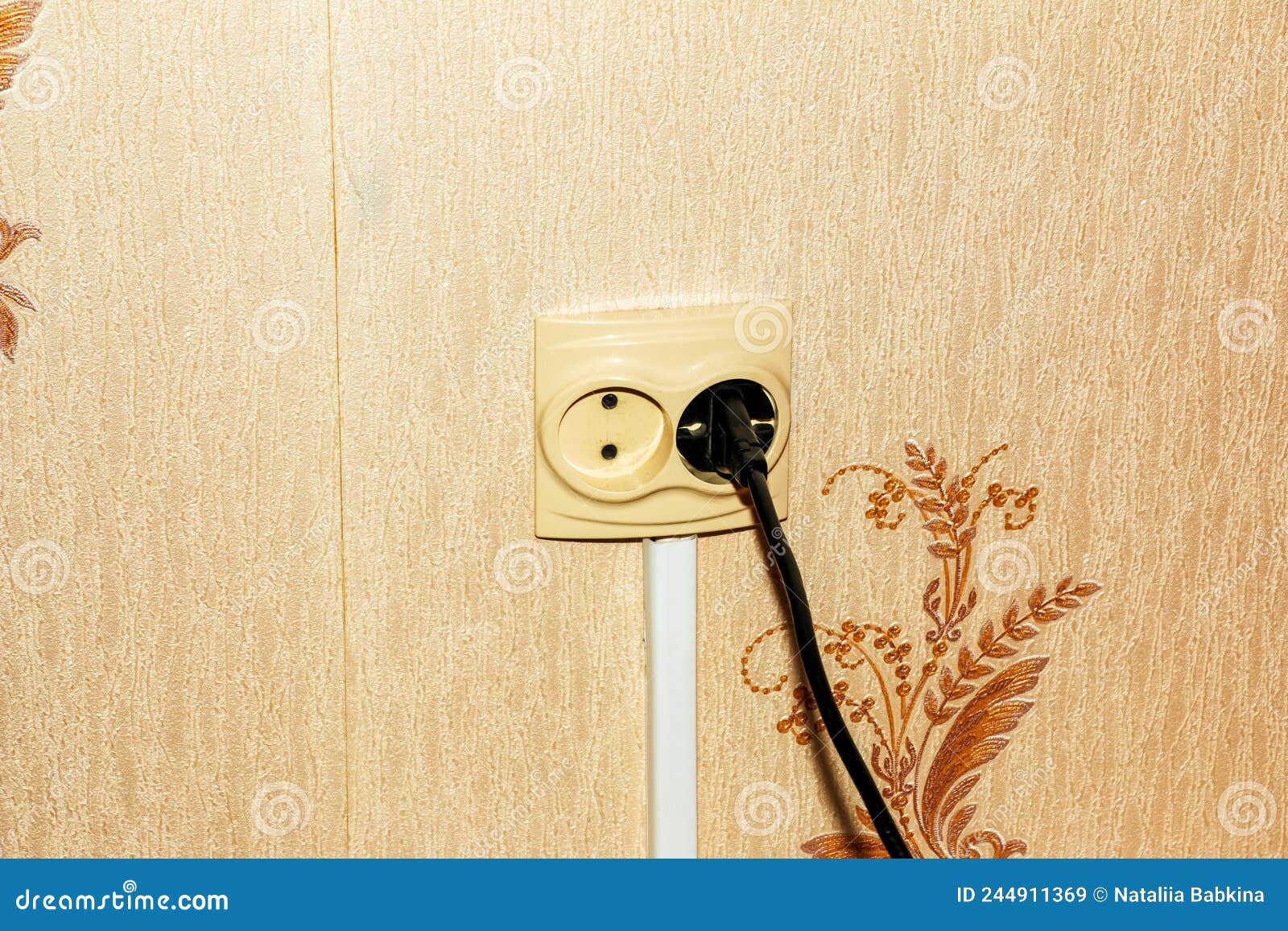 Black Electrical Cord Connected To a Plastic White Socket on a Plain ...