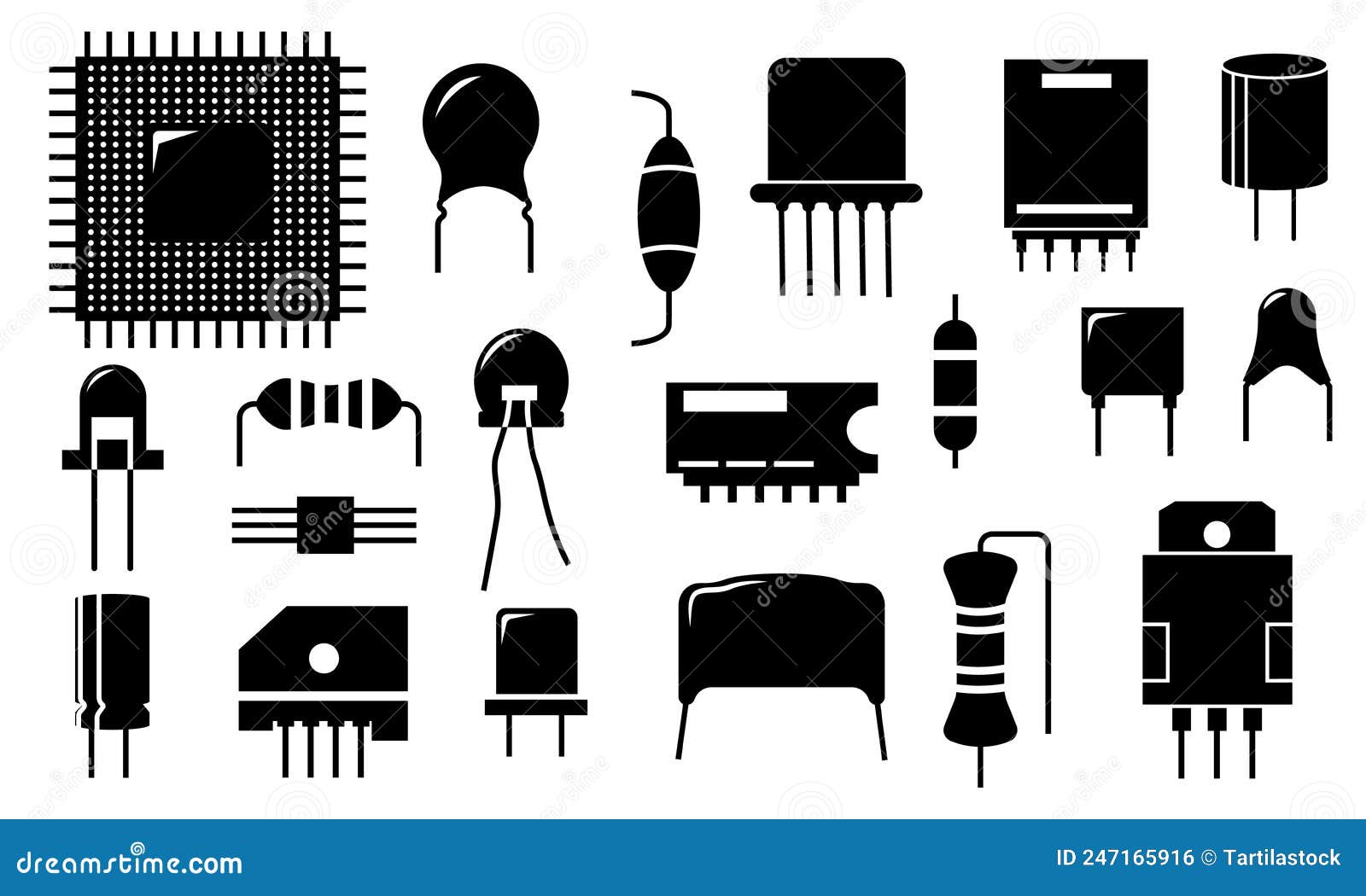 Black Electronic Component Icons. Electric Circuit Conductor and ...