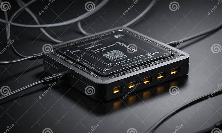 Black Electronic Device with Square Panel and Six Yellow Ports is ...
