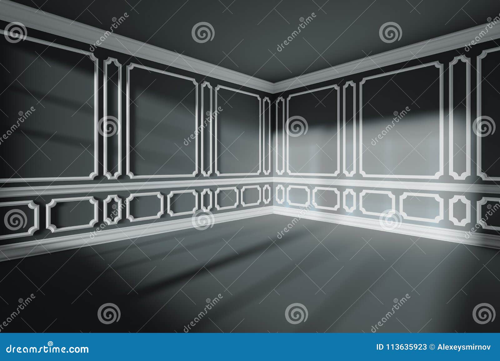 Black Empty Room with White Classic Decor on Walls, Wide Angle Stock ...