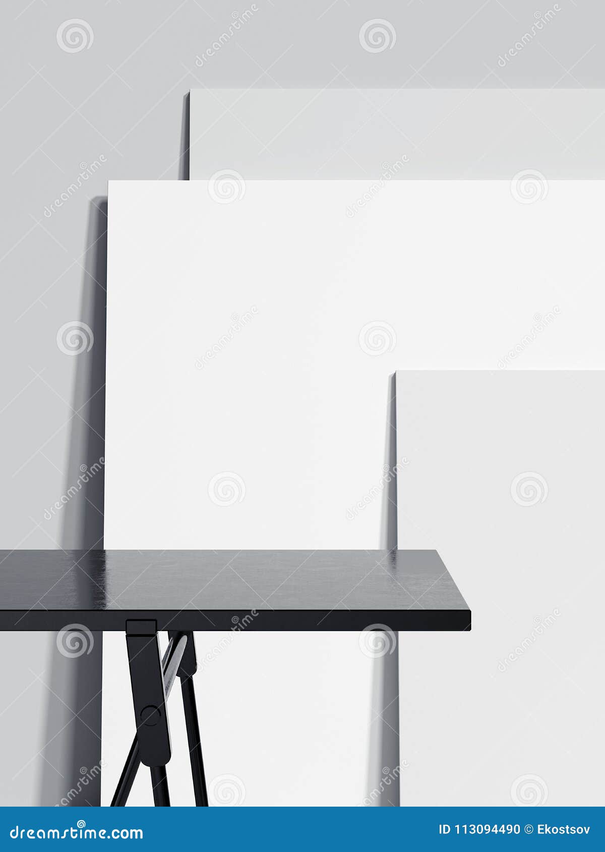 Black Empty Table and Three Blank Picture Frames. 3d Rendering Stock ...