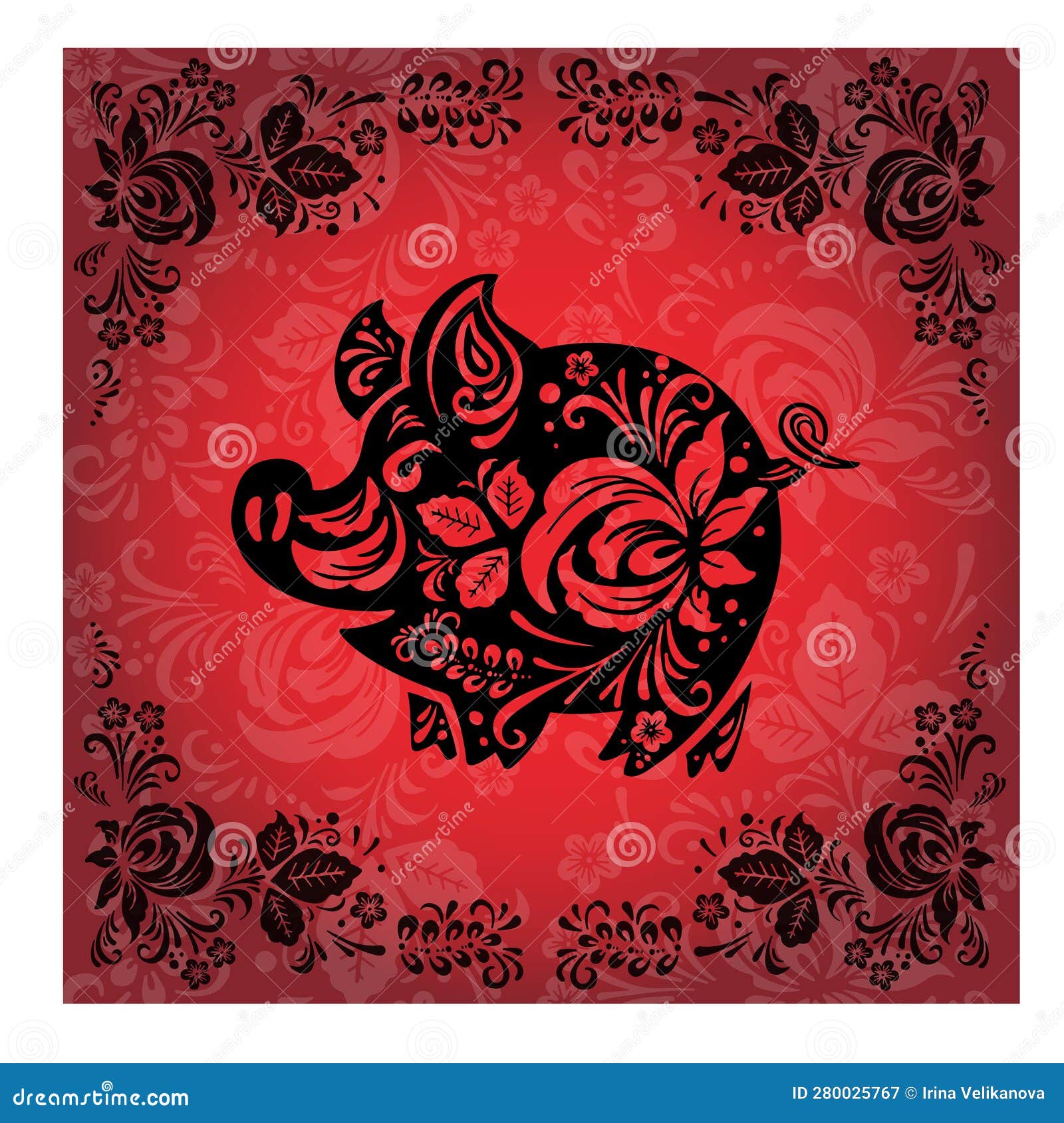 Black Ethnic Boho Pig and Boar on Red Banner Background Stock Vector ...