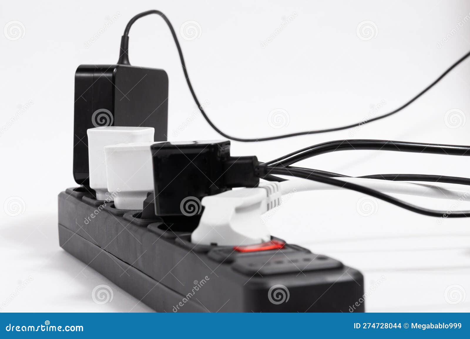 Black Extension Cord with Red Power on Off Button and Many Plugs Stock ...