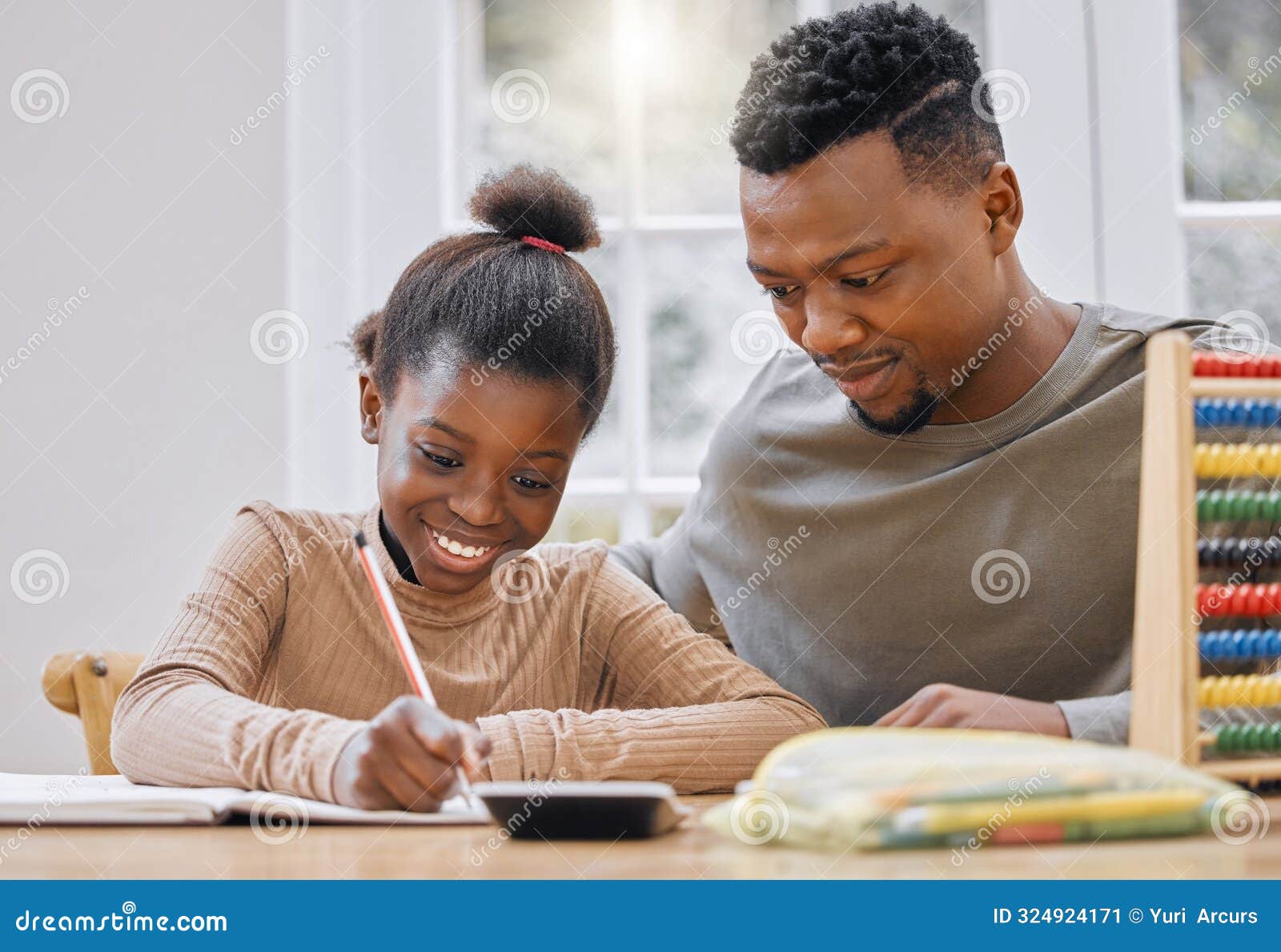Black Family, Girl and Father for Homework or Teaching, Helping and ...