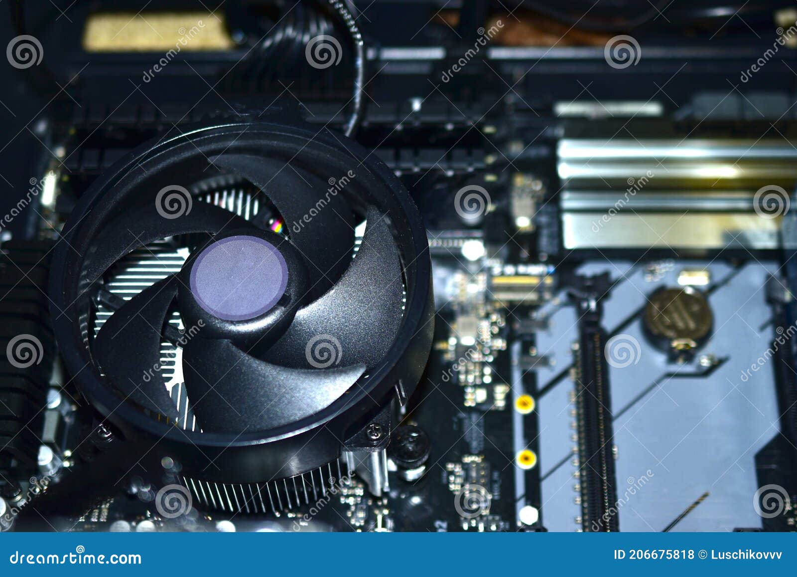 Black Fans on the Motherboard in the PC and Processor Stock Photo ...