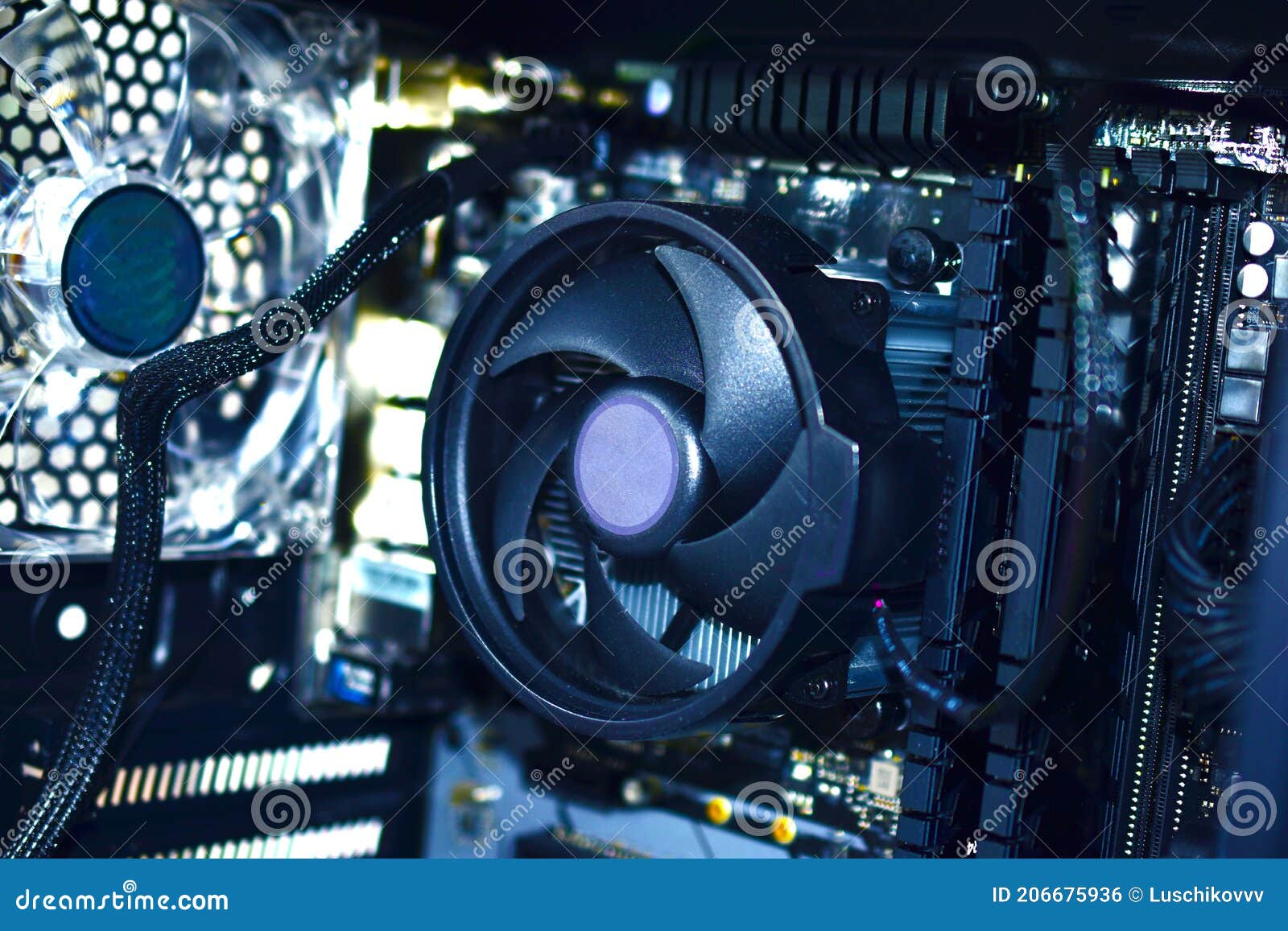 Black Fans on the Motherboard in the PC and Processor Stock Photo ...