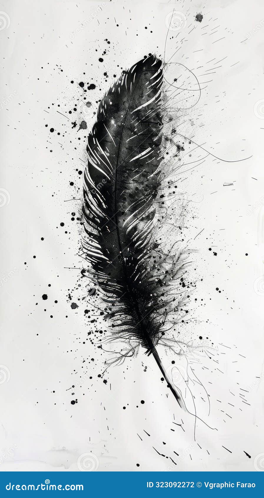 Black Feather with Ink Splatter on White Background, Abstract Art ...