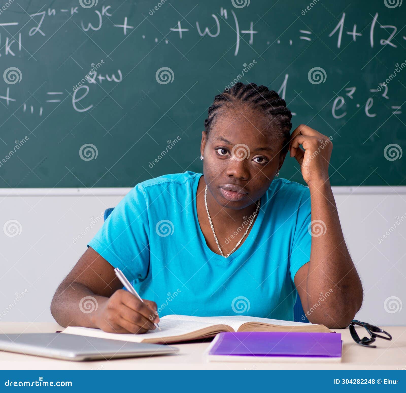 Black Female Student in Front of Chalkboard Stock Photo - Image of desk ...