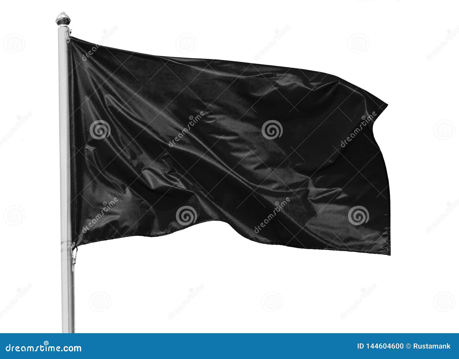 Black Flag Waving in the Wind on Flagpole, Isolated on White Background ...