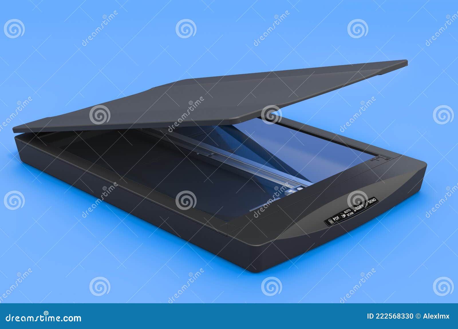 Black Flatbed Scanner on Blue Backdrop, 3D Rendering Stock Illustration ...