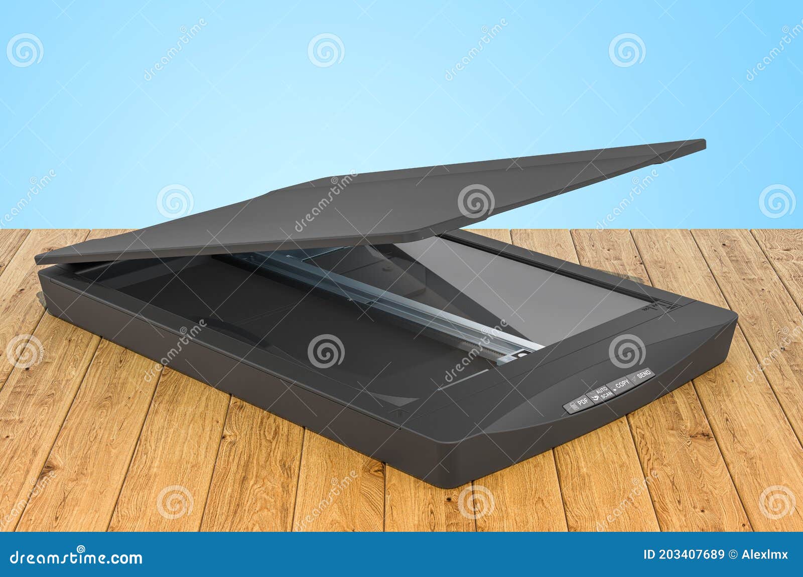 Black Flatbed Scanner, 3D Rendering Isolated on the Wooden Planks, 3D ...