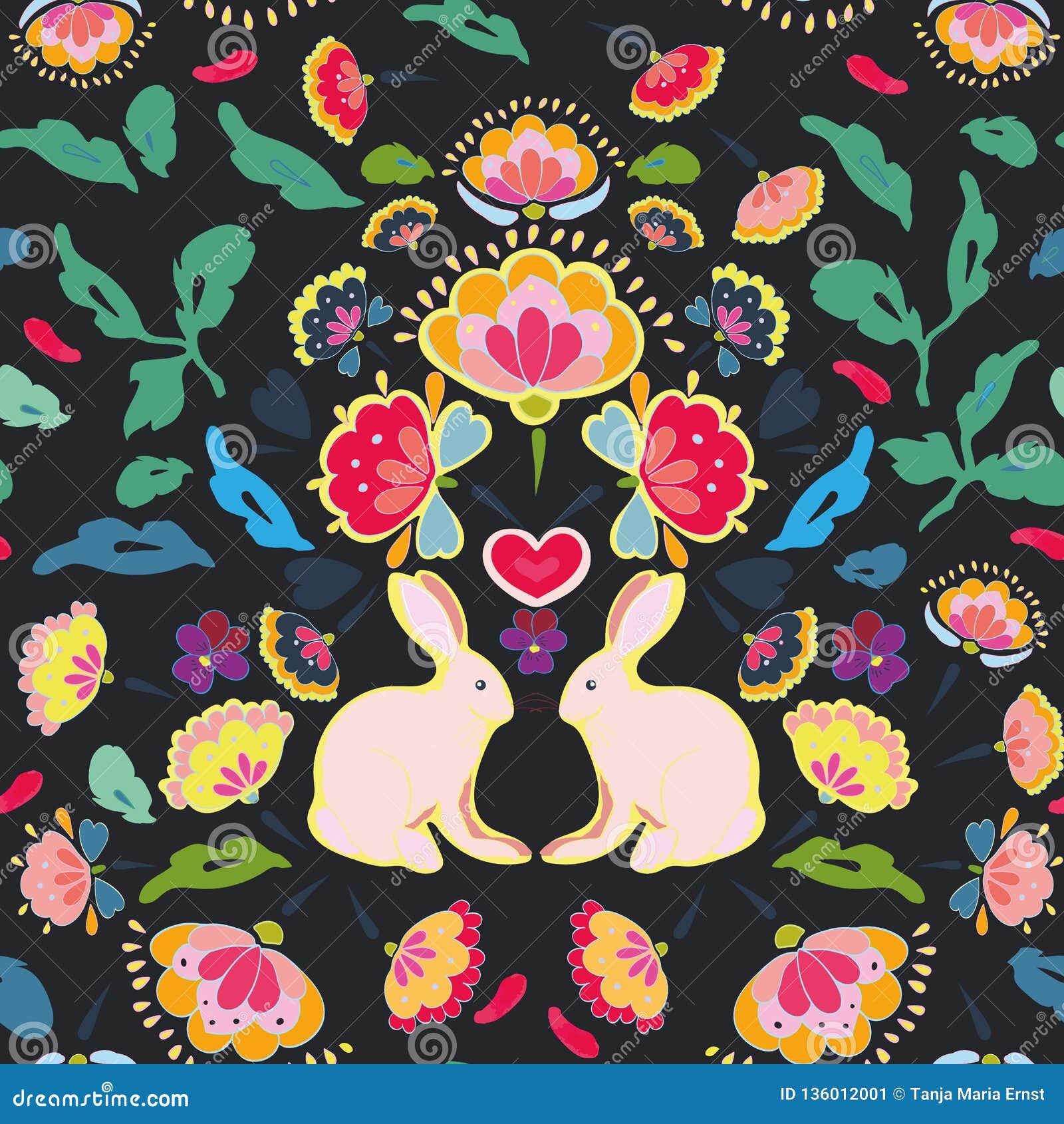 Black Folk Art Pattern with Bunny. Stock Vector - Illustration of ...