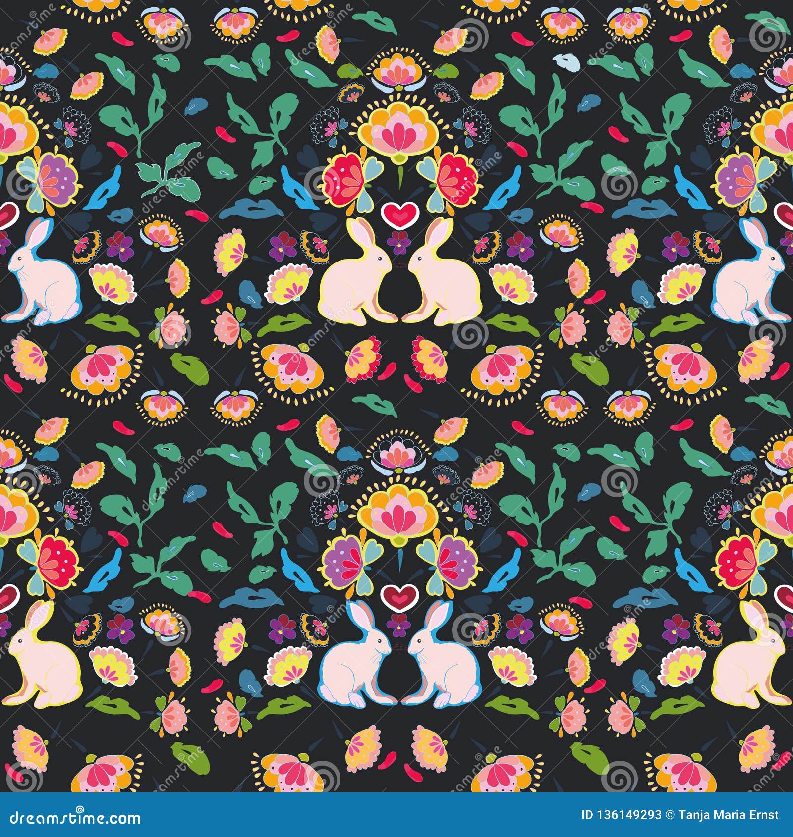 Black Folk Art Pattern with Bunny. Stock Vector - Illustration of ...